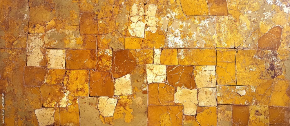 Textured old wall with remnants of adhesive post tile removal in warm ...