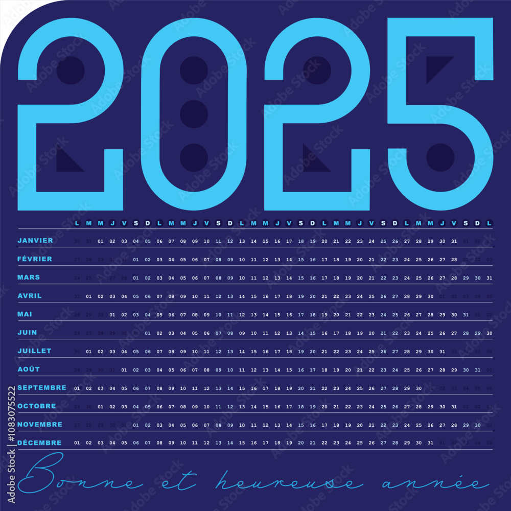 Carte bleu avec Calendrier 2025, Dates Horizontales Stock Vector ...