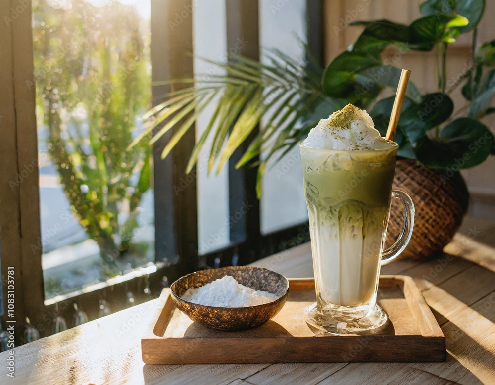 Refreshing Iced Matcha Latte with Coconut Milk, Served in a Sun ...
