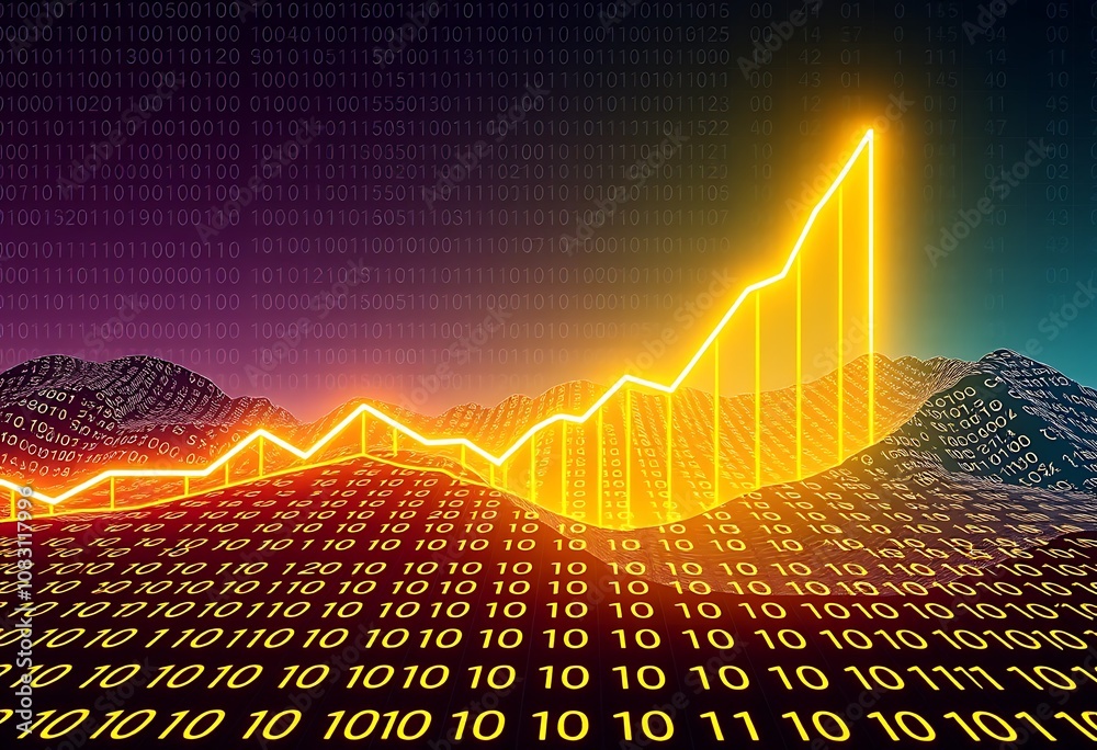 A futuristic financial landscape with a glowing line chart rising ...