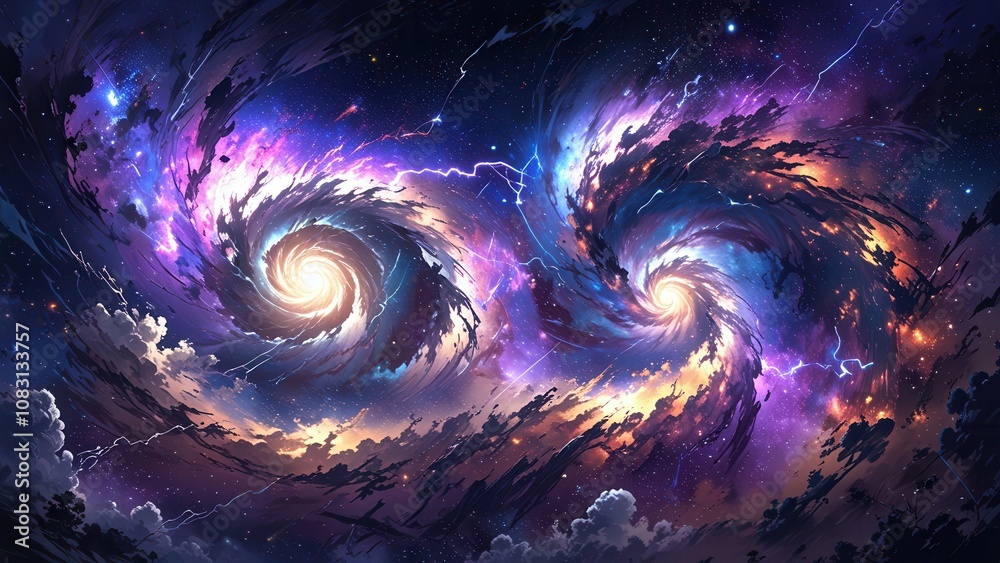 Anime Style Colliding Galaxies - Cosmic Art with Interacting Spiral ...