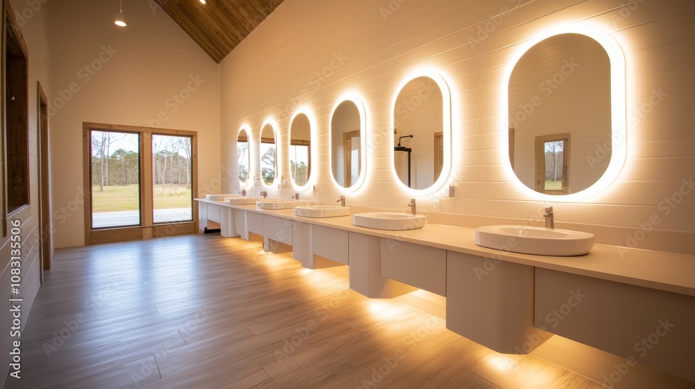 Bright, spacious hostel washroom with clean white walls, multiple sinks ...