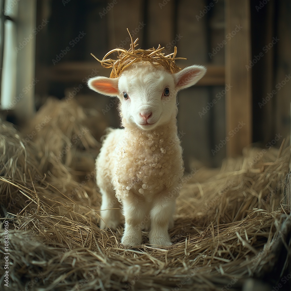 Cute Lamb Wearing a Gold Crown of Thorn Branches Standing in a Stable ...