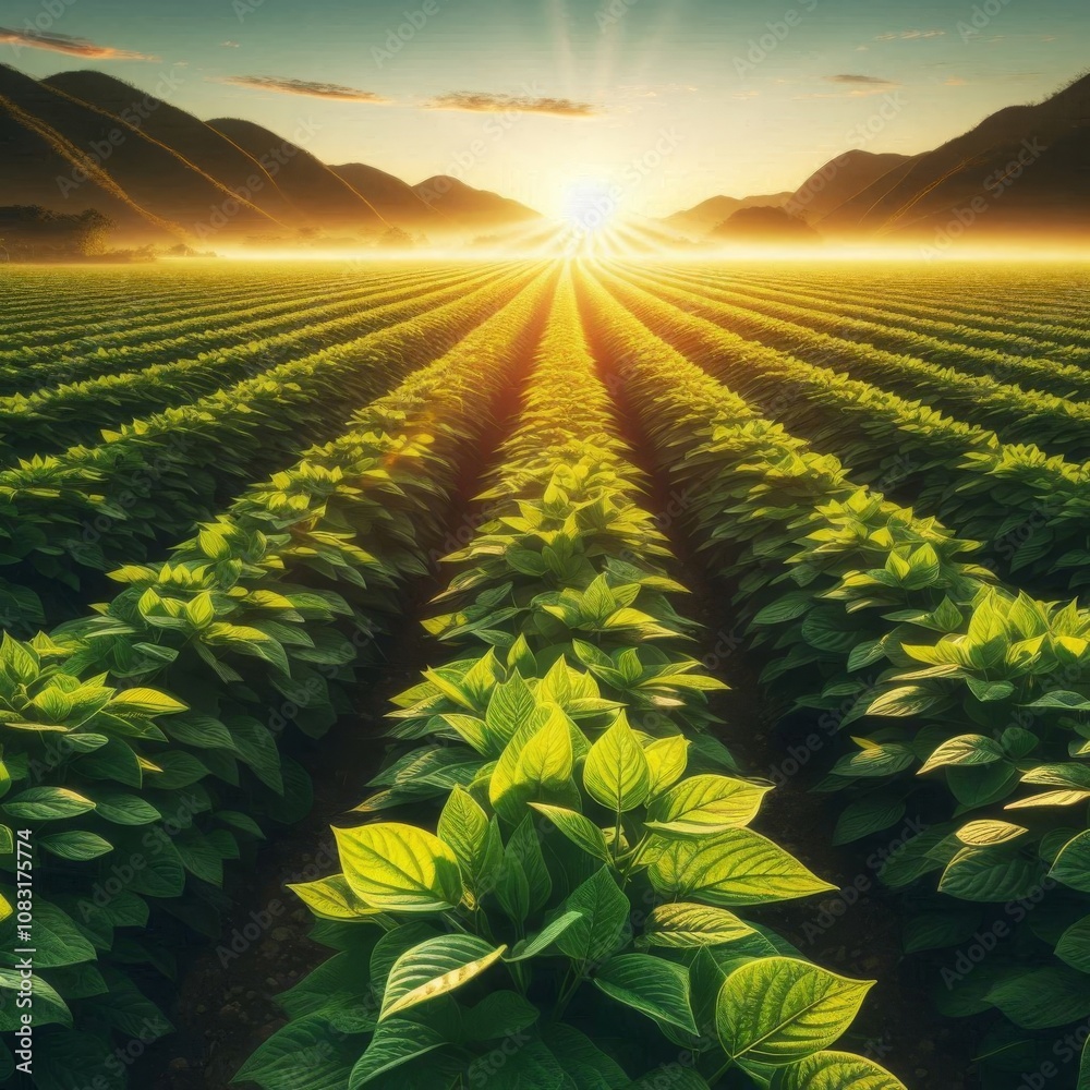 Soybean field with rows of plants. Lush rows of soya beans growing in ...