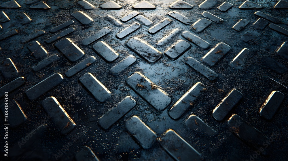 Wide industrial floor with metallic diamond kick plate, cross-hatch ...