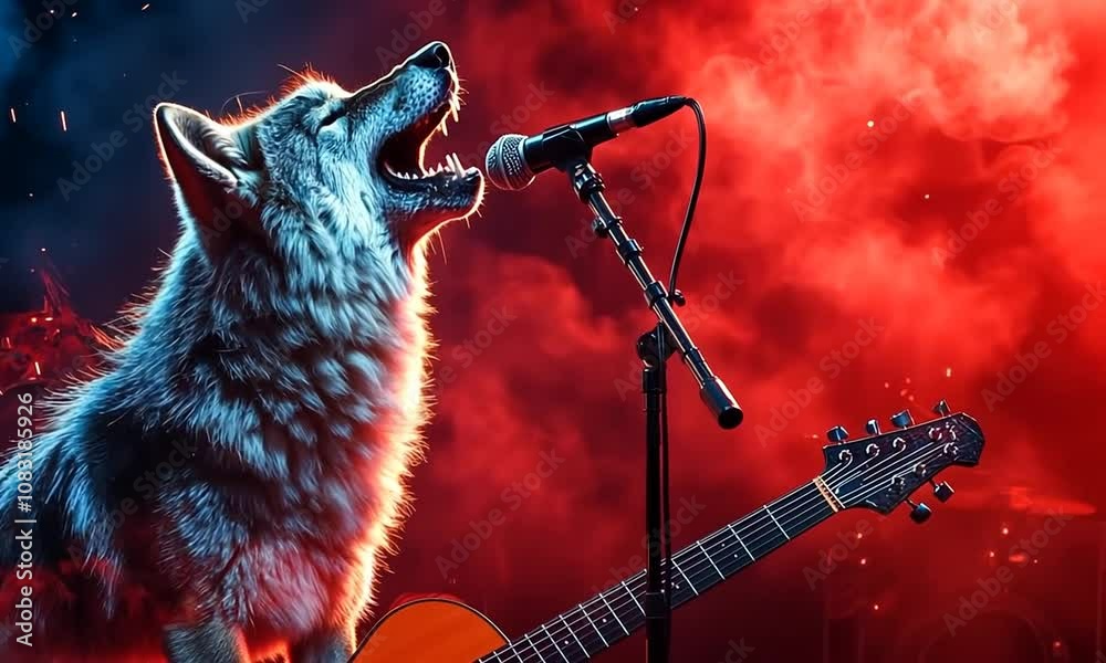 A wolf howling into a microphone on a fiery stage with a guitar. Stock ...