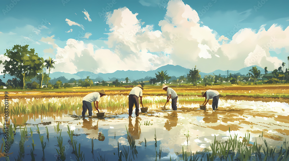 Farmers sowing rice seeds in a waterlogged paddy field. concept ...