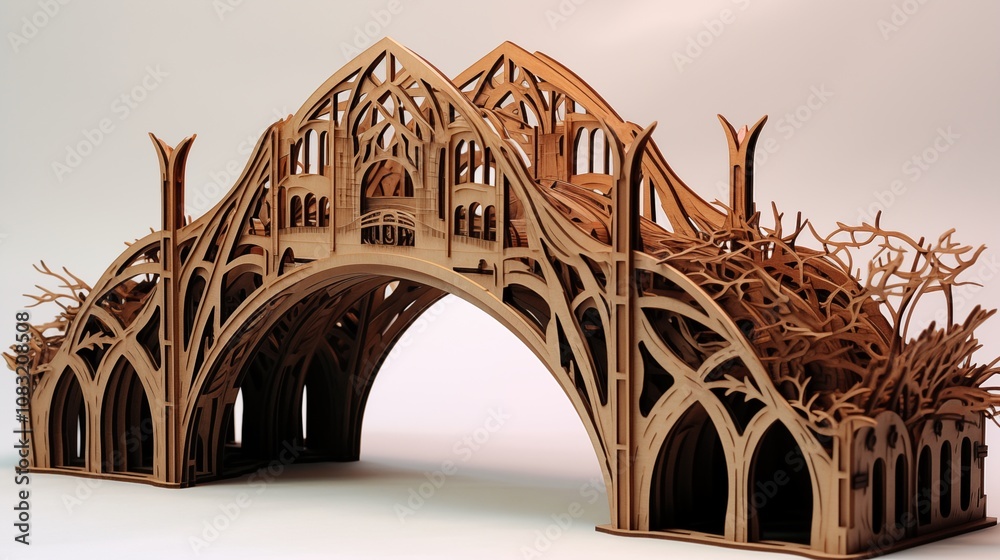 Paper cut of a Gothic bridge with pointed arches and flowing water ...
