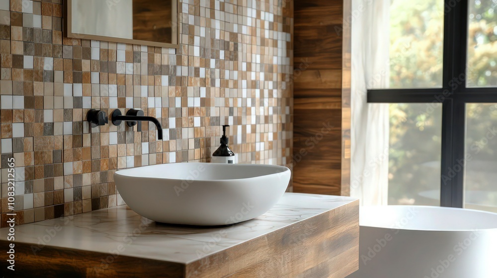 Bathroom model with evolving materials--ceramic tiles, wooden accents ...