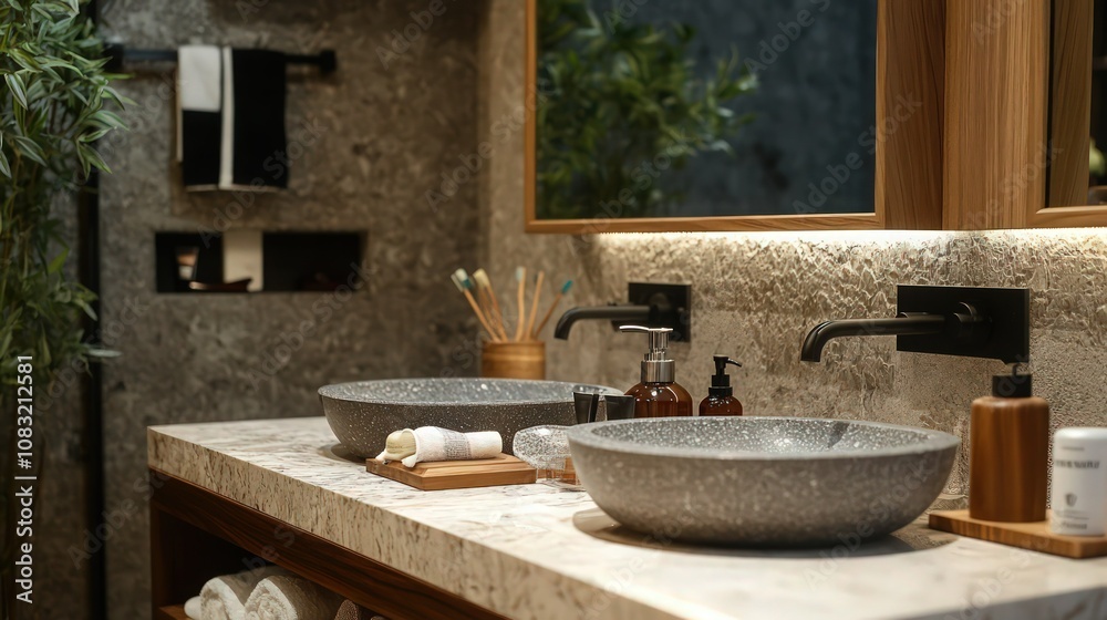 Bathroom model with evolving materials--ceramic tiles, wooden accents ...