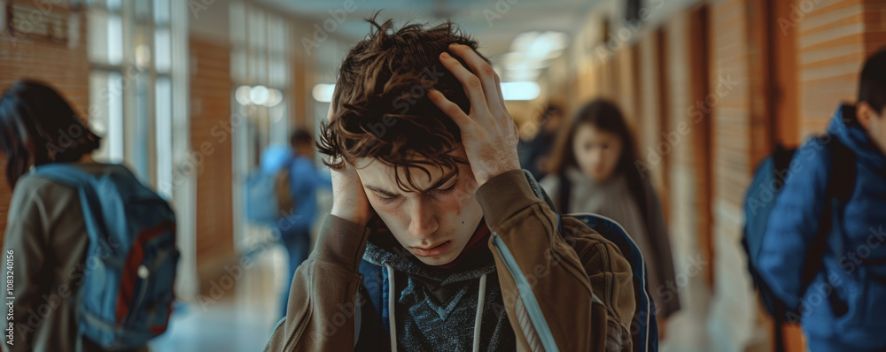 A young boy cries in the school hallway, holding his head with both ...