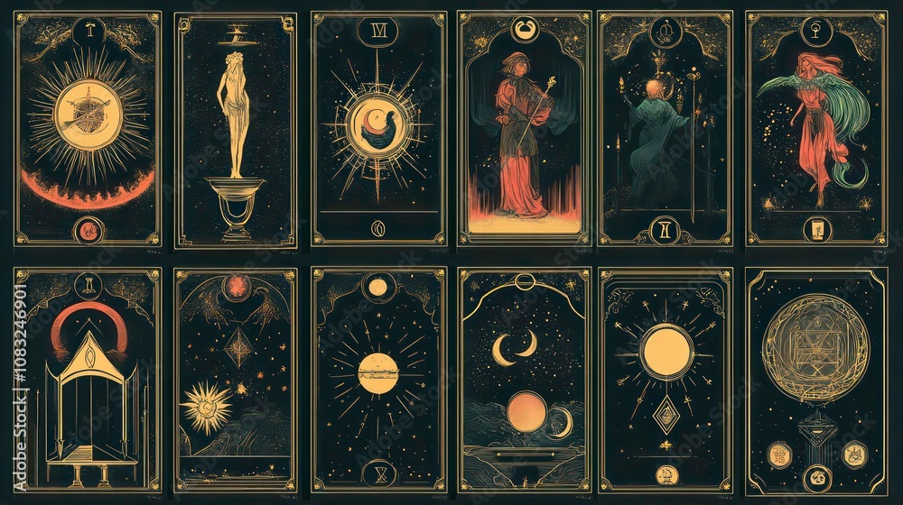 Set Magic color occult cards. Vintage mystic tarot cards with icon ...