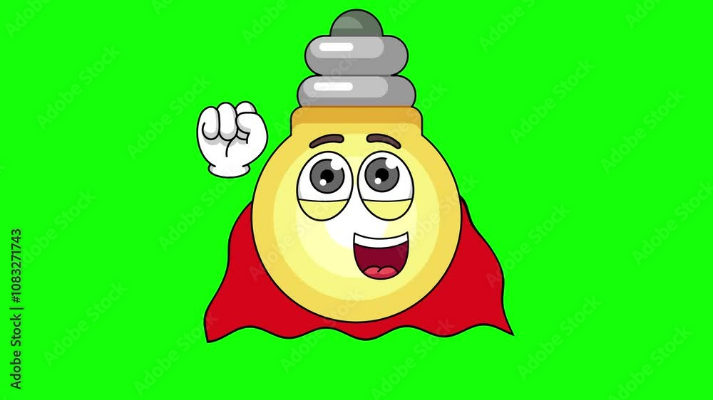 Superhero light bulb cartoon flying with red cape, green screen ...