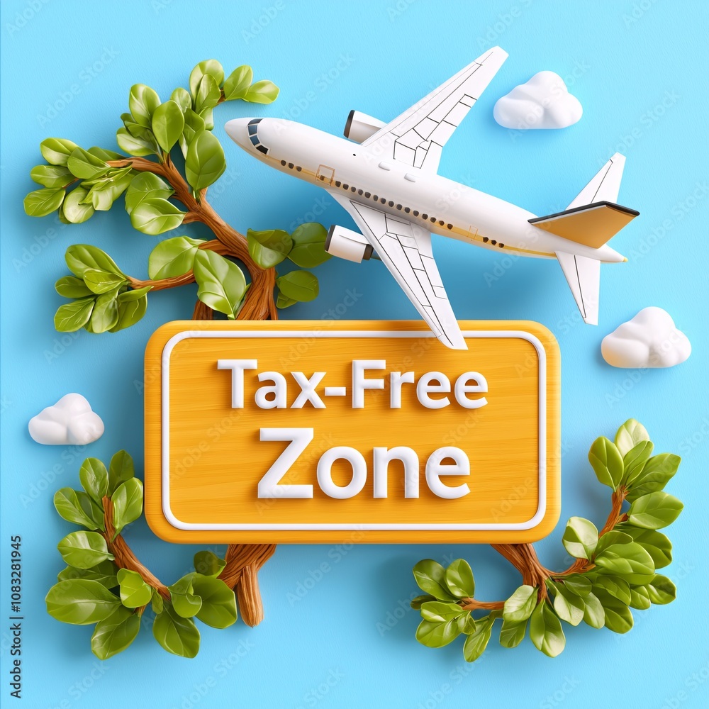 Tax free concept.A colorful illustration featuring an airplane flying ...