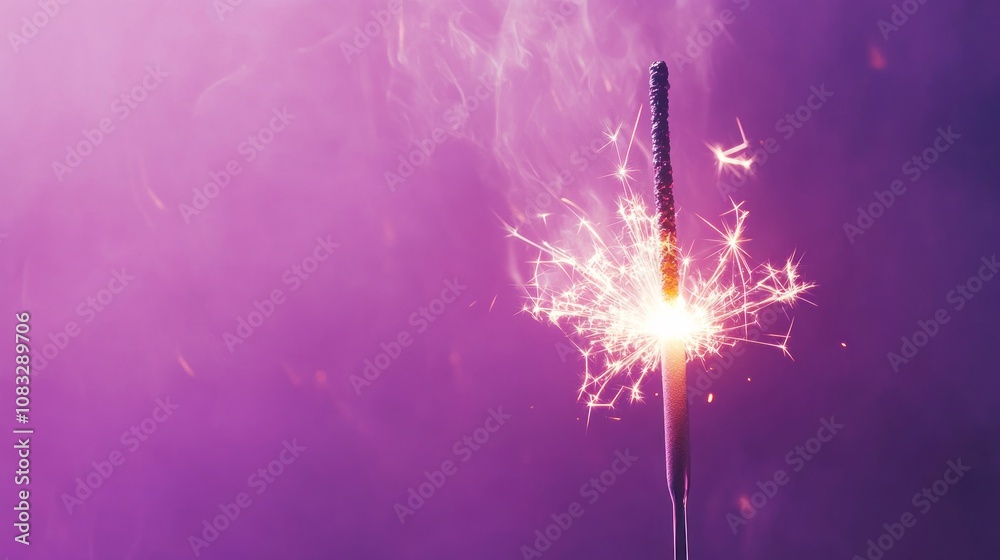 Shiny bright burning bengal fire party sparkler on vibrant purple ...