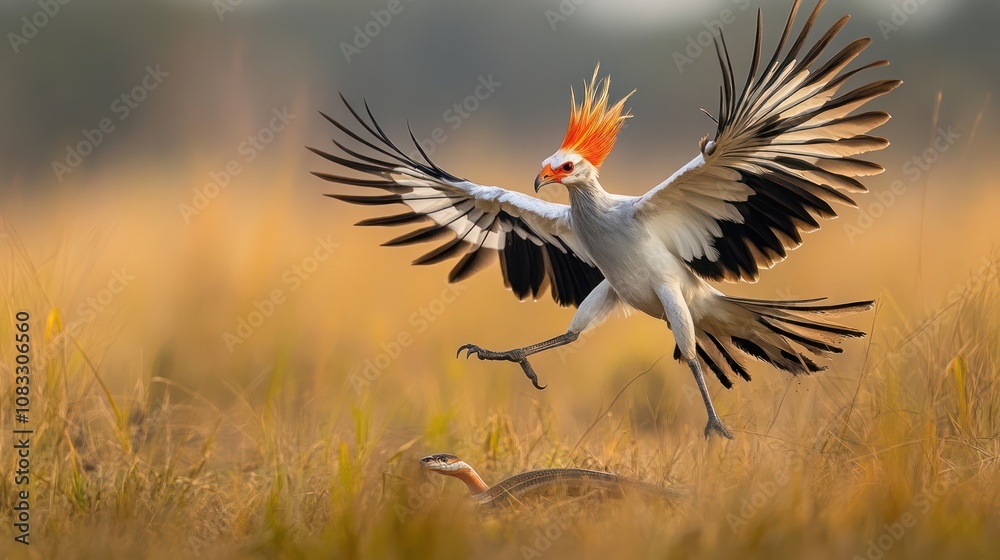 A secretary bird hunting snakes in grasslands; this striking photograph ...