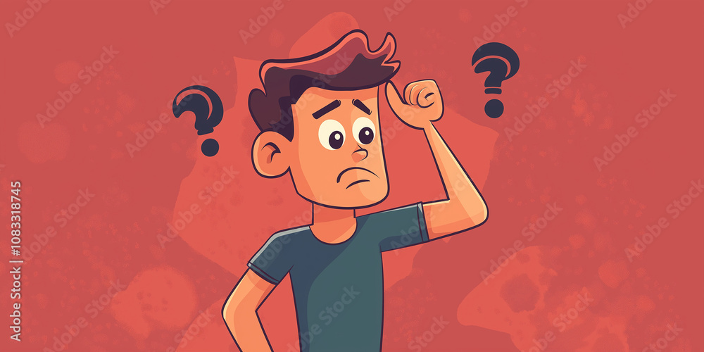 Puzzled young man scratching head with question marks: confusion and ...