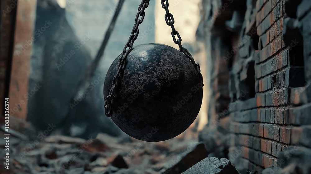 Demolition crane with wrecking ball destroying old brick building Stock ...