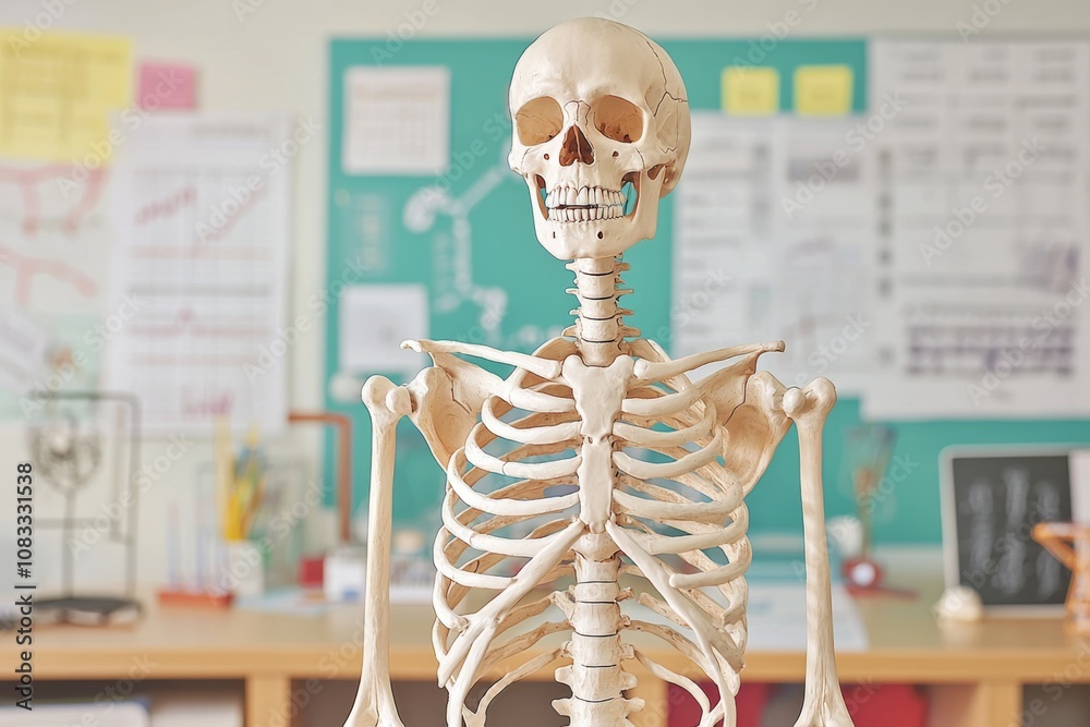 artificial skeleton posed in front of a whiteboard in a science ...