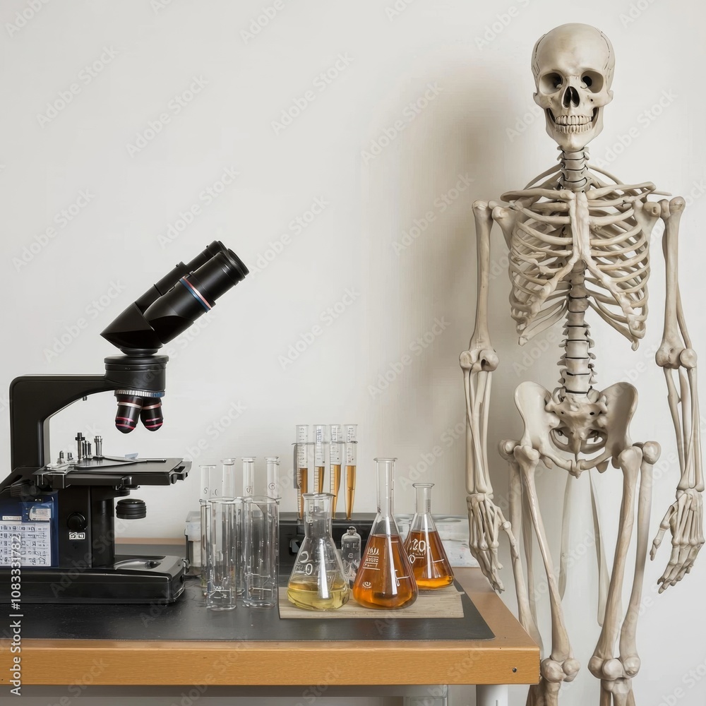 artificial skeleton posed in front of a whiteboard in a science ...