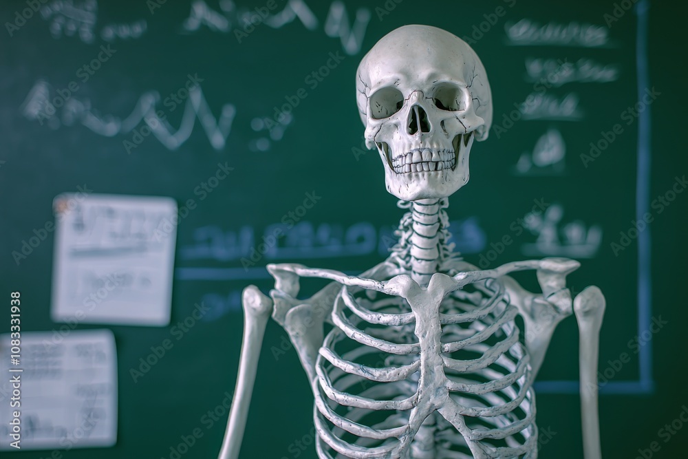 artificial skeleton posed in front of a whiteboard in a science ...