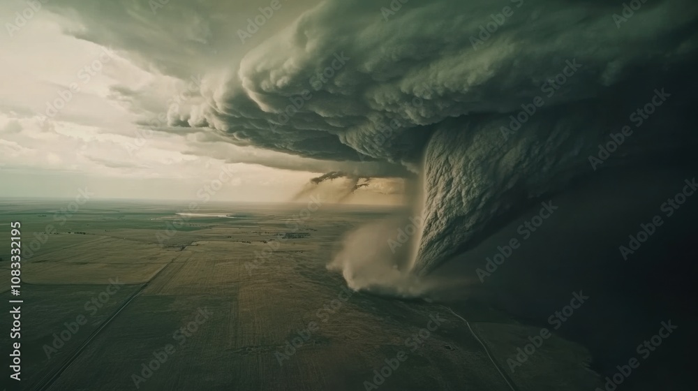 An epic aerial perspective of a massive tornado tearing through the heart of Tornado Alley in ...