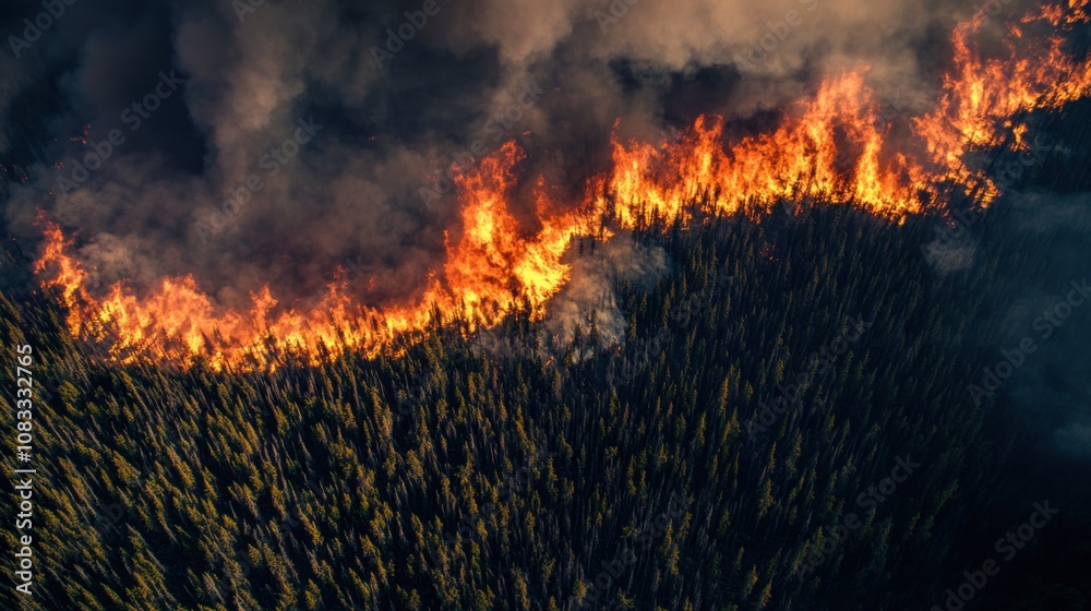 An epic aerial perspective of a massive wildfire raging through the ...