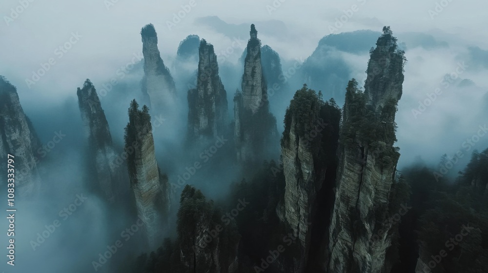 An epic aerial perspective of the Zhangjiajie National Forest Park in ...
