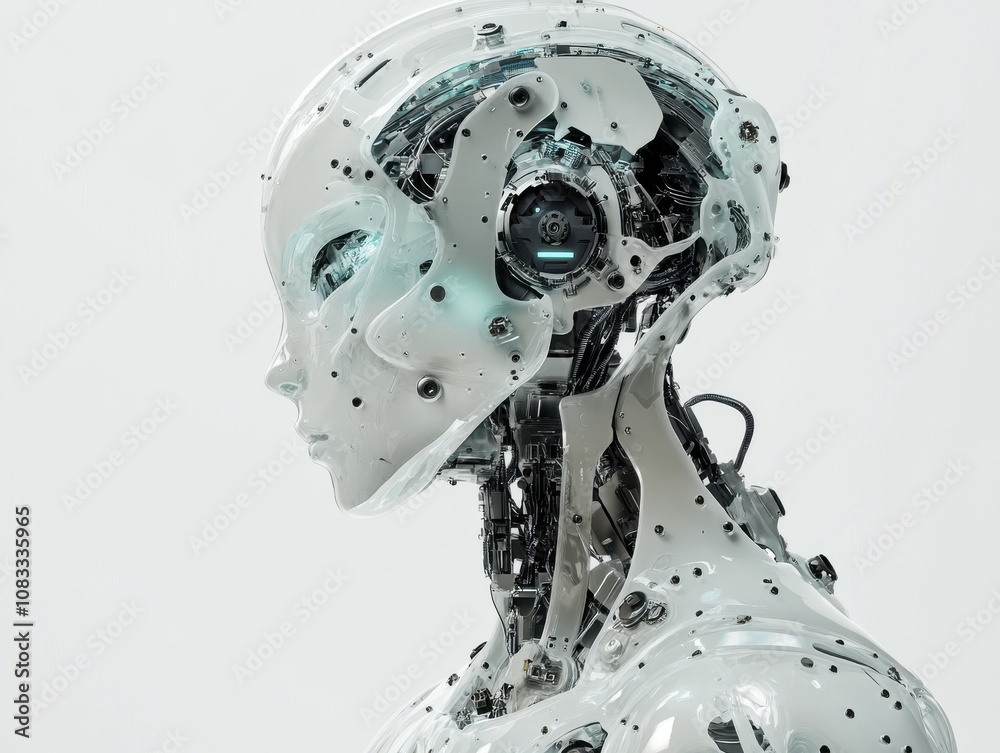 A close-up profile of a humanoid robot with a white, translucent head and exposed circuitry ...