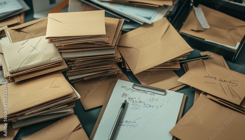 office table showcasing a stack of job seekers' envelopes, arranged ...