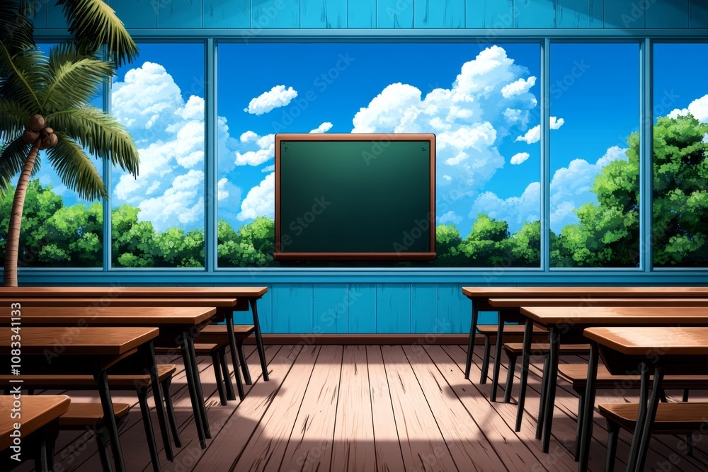 Pixel art of a classroom with desks, a chalkboard, and students, retro ...