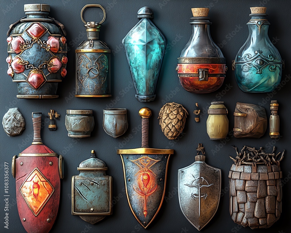 3D rendered collection of auxiliary game icons, including health ...