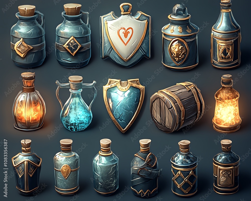 3D rendered collection of auxiliary game icons, including health ...