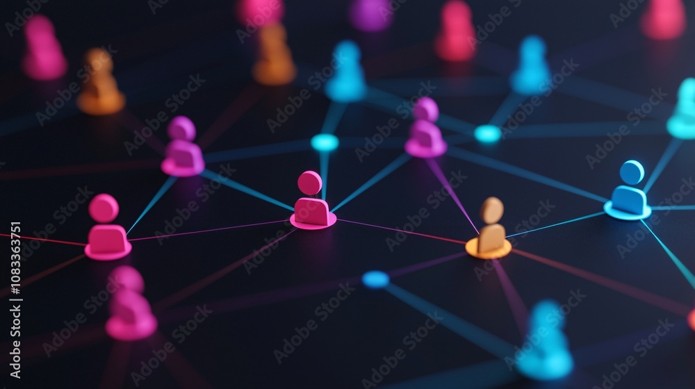 Abstract network connections with colorful pins representing users on a ...