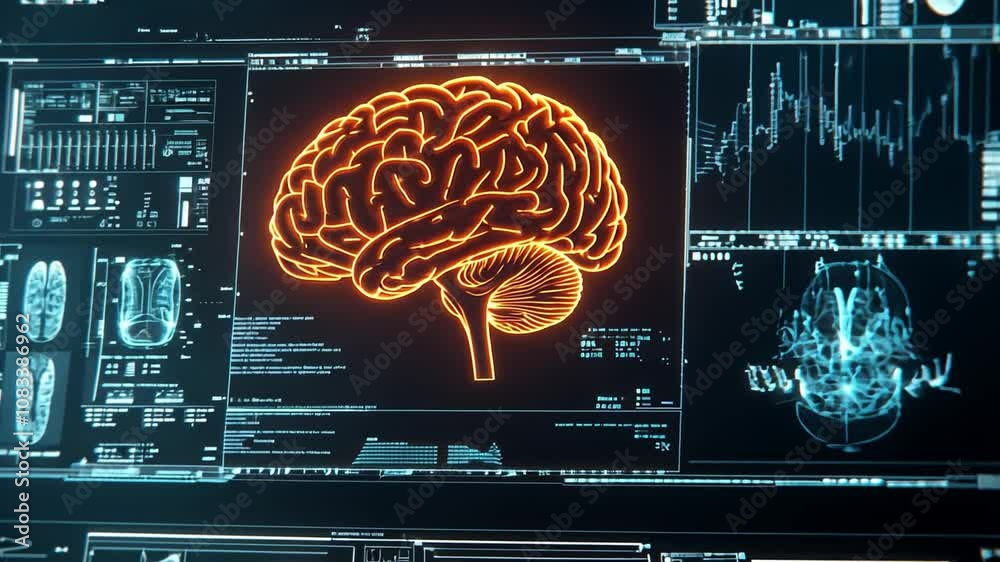 Digital Brain Scan: A stylized, glowing orange brain is depicted in the ...