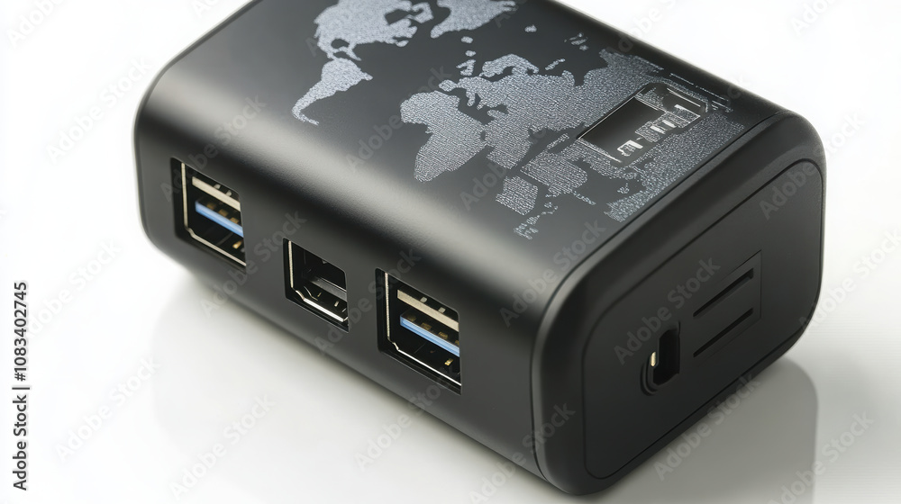 Multi purpose travel adapter with USB ports, featuring world map design ...