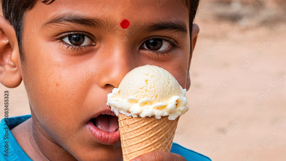 A close-up of a child with dark hair and large brown eyes is depicted ...