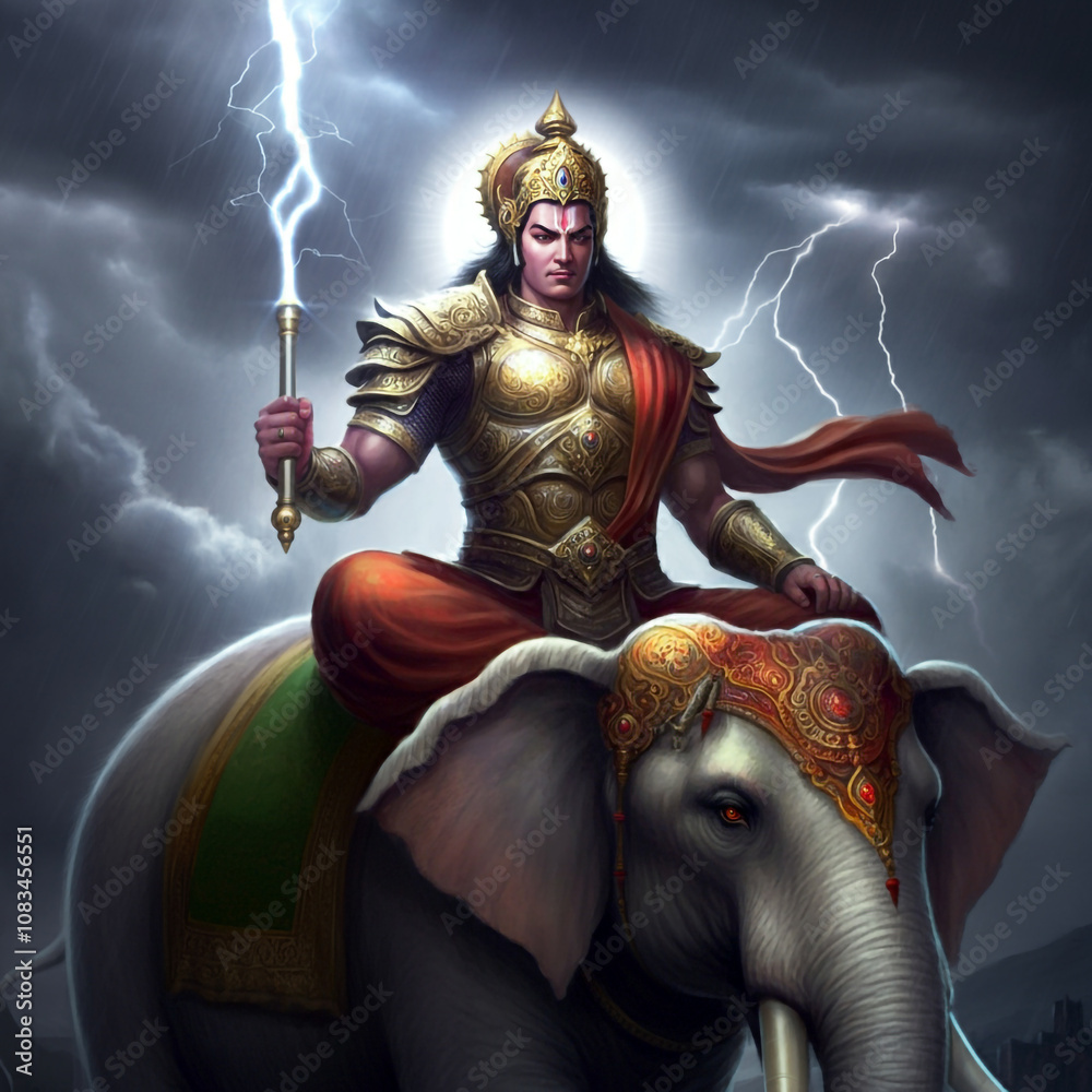 Lord Indra depicted riding his majestic elephant Airavata amidst a ...