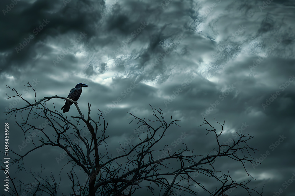 Photo & Art Print Raven on Barren Branch Against Stormy Sky – A Visual ...