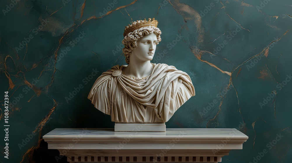 Ancient Greek bust in marble of roman emperor with golden crown on his ...