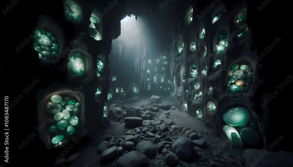 light in the cave, Inside a cavern with jades embedded in the old and ...