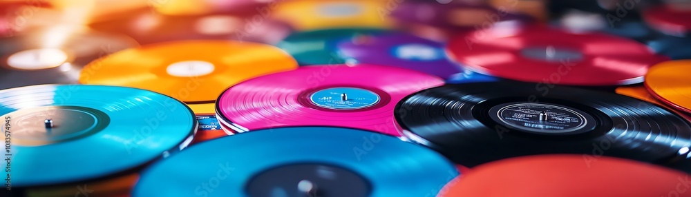 Colorful vinyl records stacked together on a reflective surface. Stock ...
