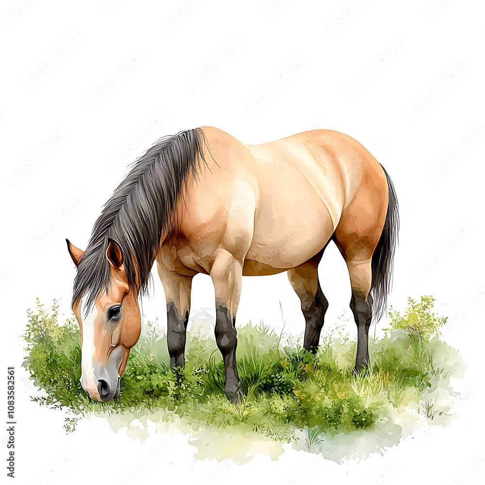 Watercolor clipart of a contented horse grazing peacefully in a lush ...