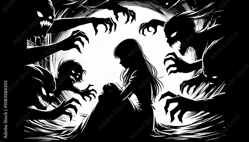 black and white illustration of evil hands grabbing a girl Stock ...