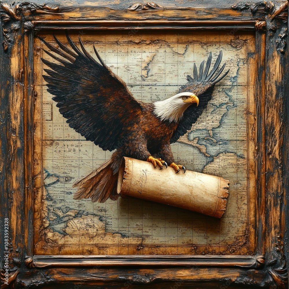A bald eagle with wings spread, holding a scroll in its talons, against ...