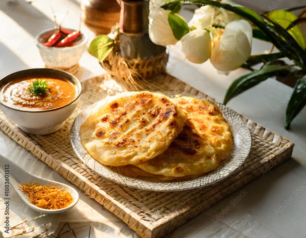 Crispy Roti Canai with Spicy Curry Dipping Sauce, Captured in a Bright ...