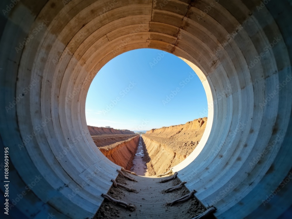 The perspective captures a large concrete pipe through which a dry ...
