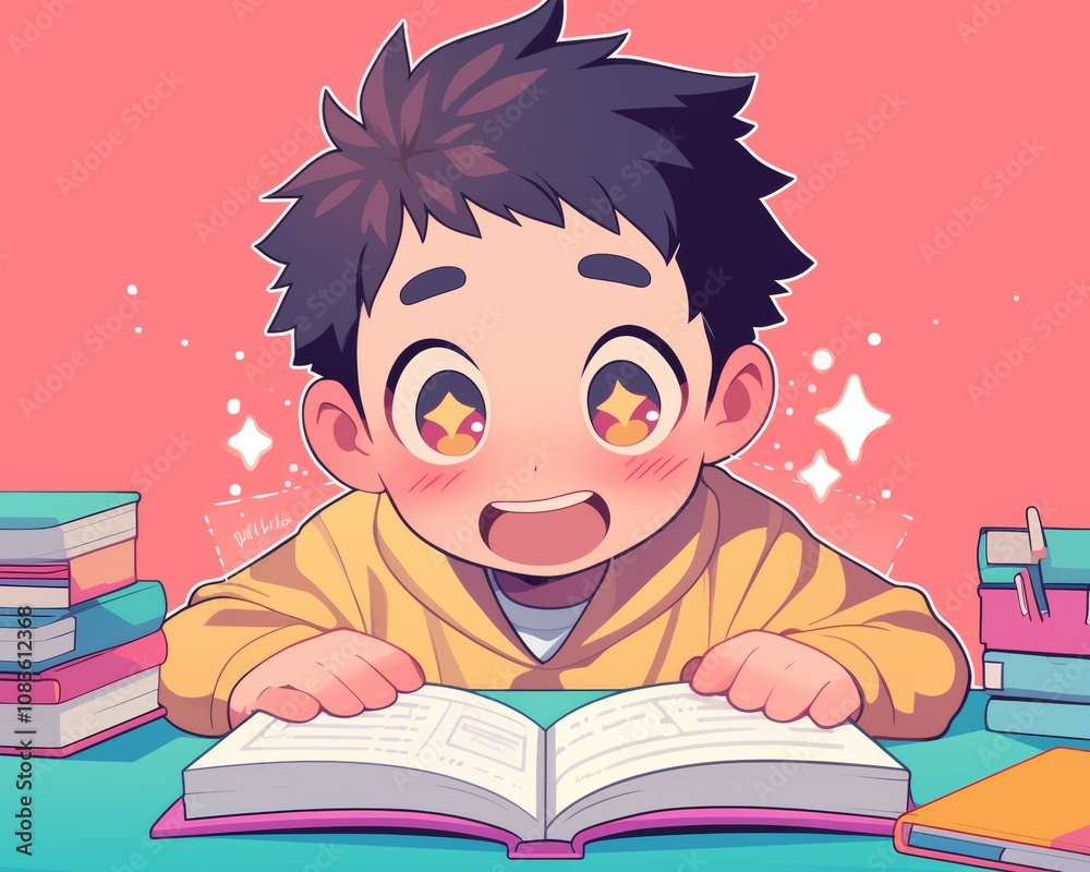 Cartoon boy reading a book wallpaper. Vector illustration of a boy ...