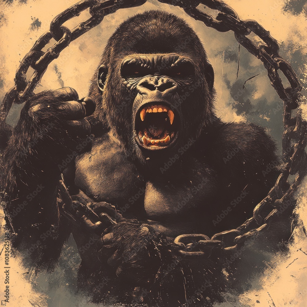A powerful gorilla with fierce eyes and bared teeth, breaking free from ...