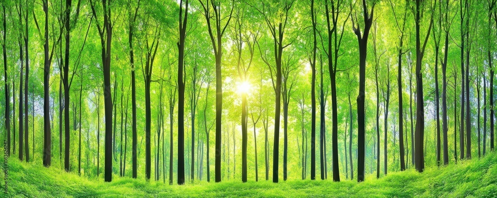 Dynamic forest with sunlight filtering through trees, vibrant shades of ...